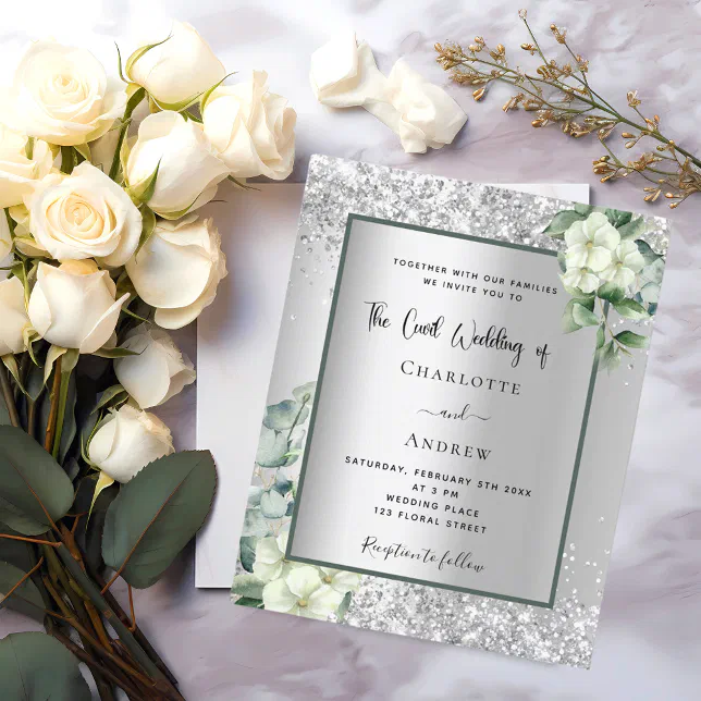 Silver white floral civil wedding invitation | Zazzle