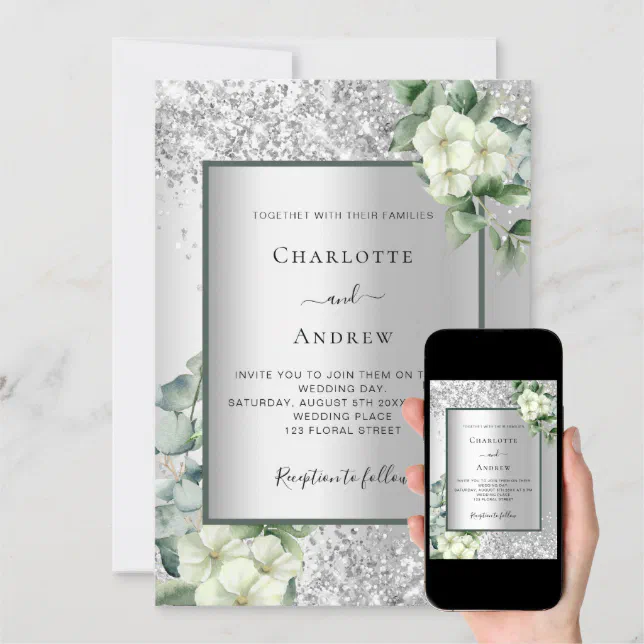Silver white floral eucalyptus elegant wedding invitation | Zazzle