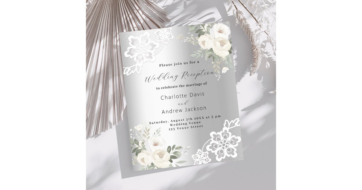 Silver white floral wedding reception invitation | Zazzle