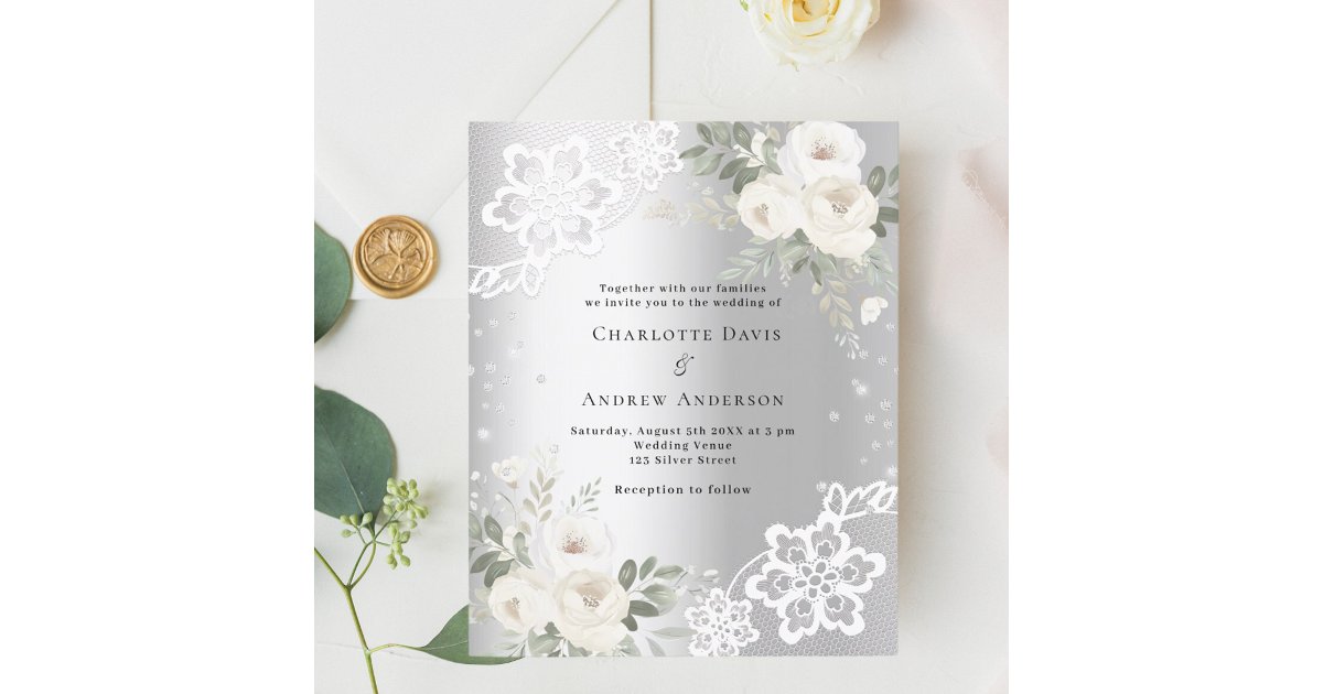 Silver white florals diamonds wedding invitation | Zazzle