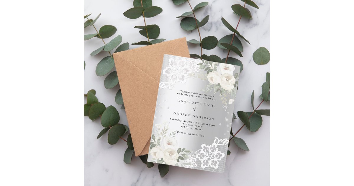Silver white florals diamonds wedding invitation | Zazzle