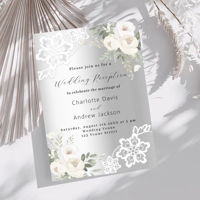Silver white florals lace wedding reception invitation | Zazzle