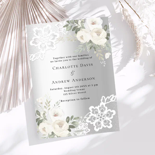 Silver white florals wedding invitation | Zazzle