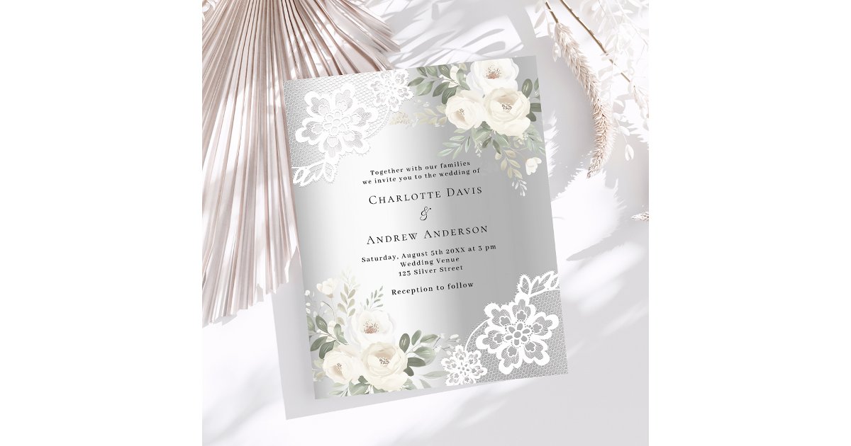 Silver white florals wedding invitation | Zazzle