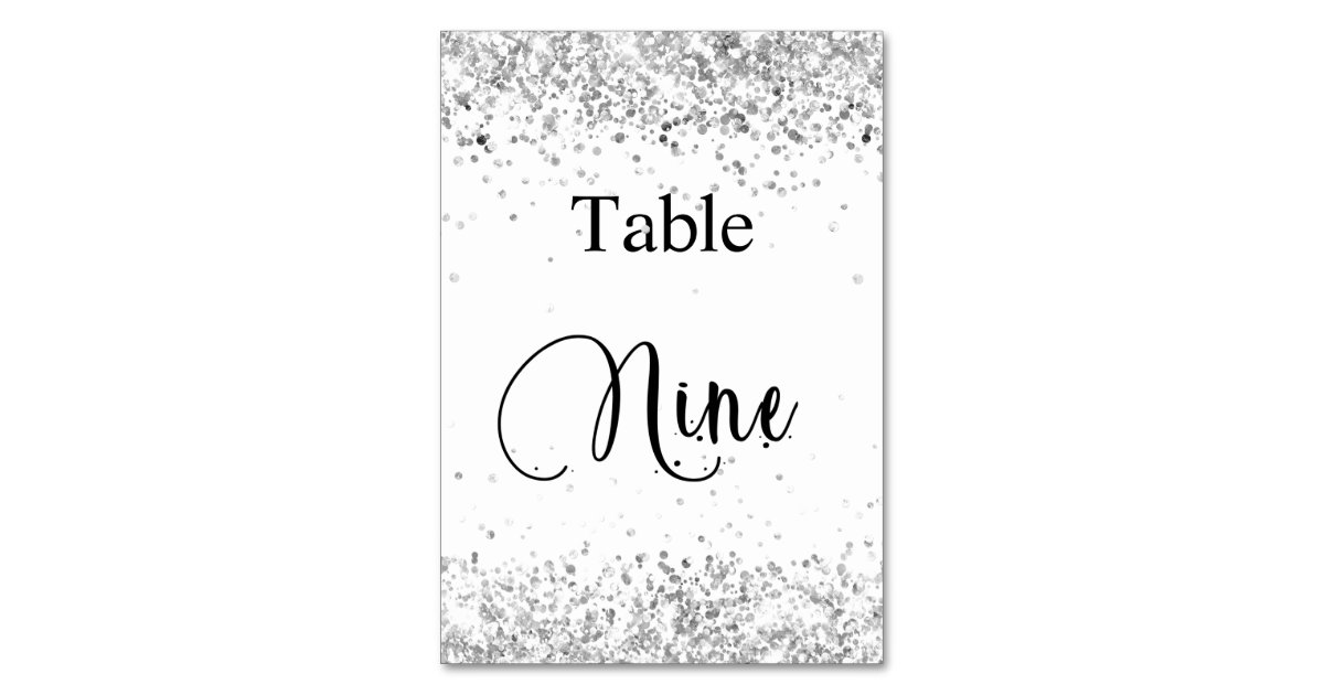 Silver white glitter calligraphy table nine 9 table number | Zazzle