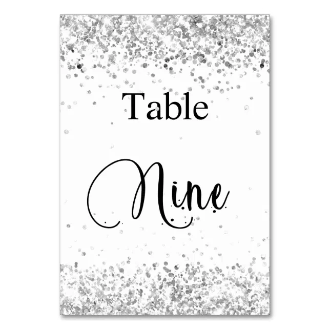 Silver white glitter calligraphy table nine 9 table number | Zazzle