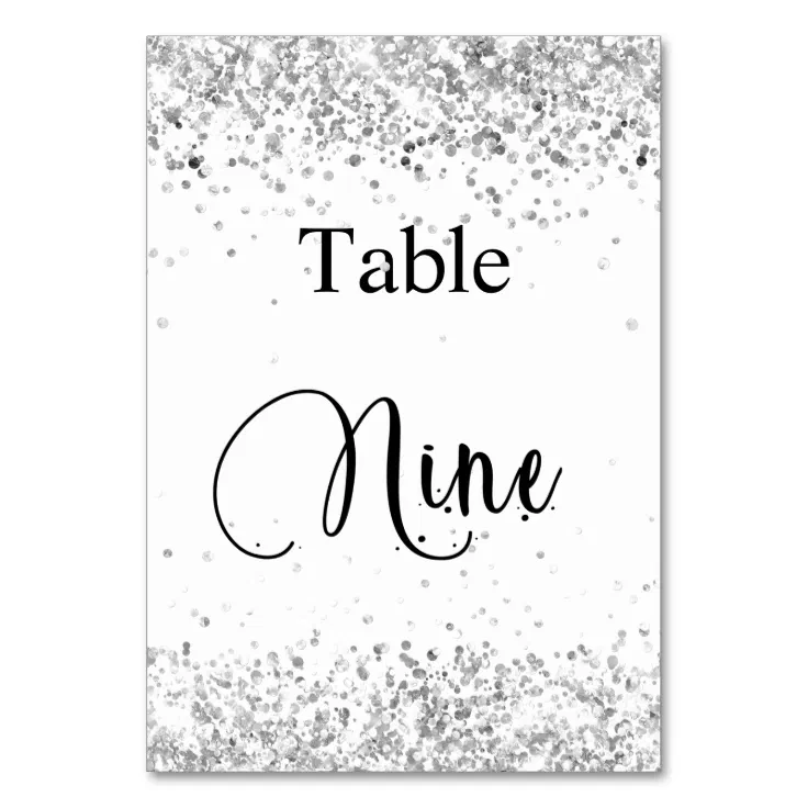 Silver white glitter calligraphy table nine 9 table number | Zazzle