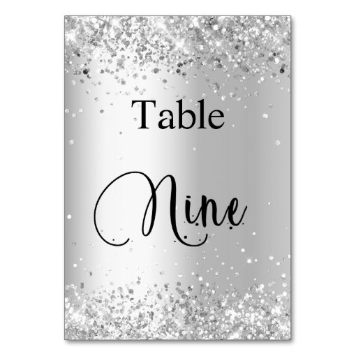 Silver white glitter calligraphy table nine 9 table number | Zazzle
