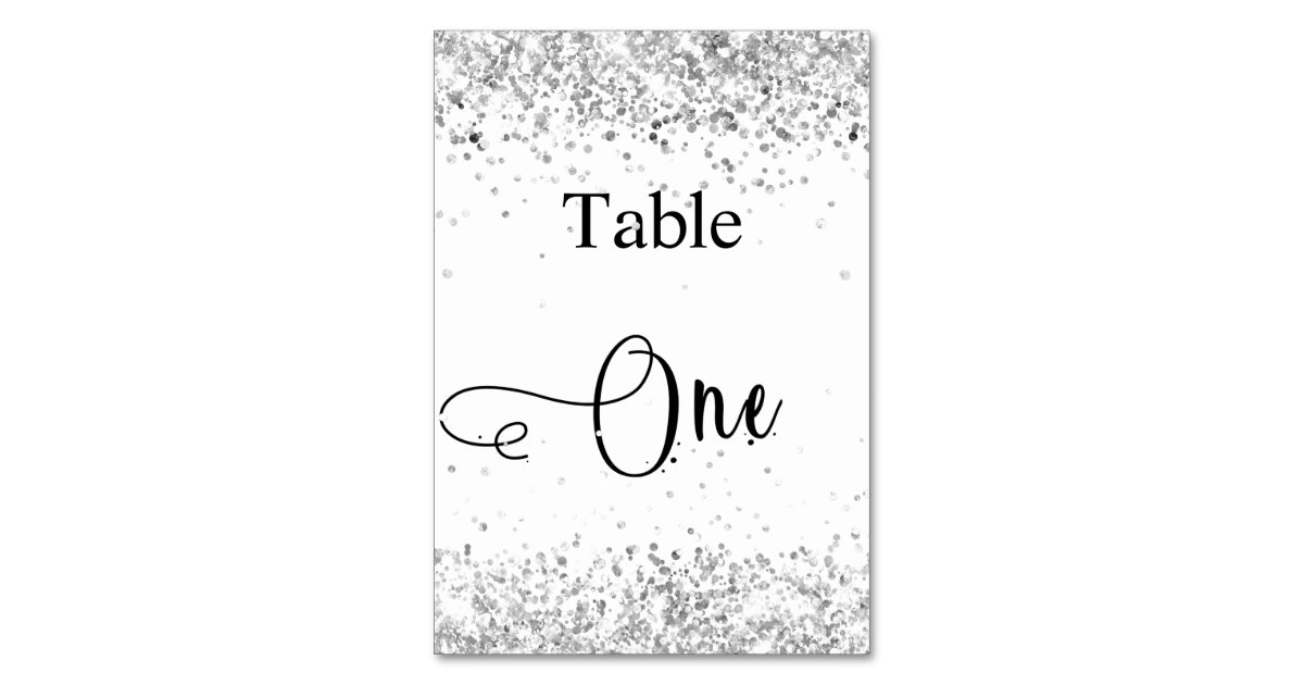 Silver white glitter calligraphy table one table number | Zazzle
