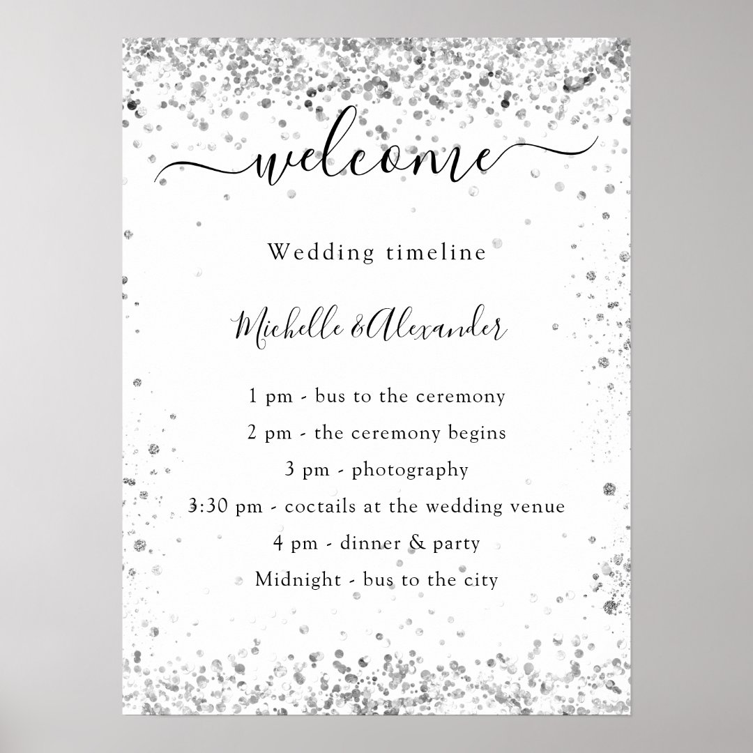 Silver white glitter elegant wedding program poster | Zazzle