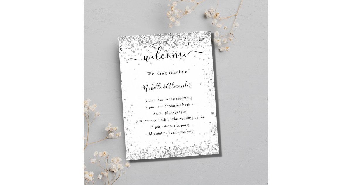 Silver white glitter elegant wedding program poster | Zazzle