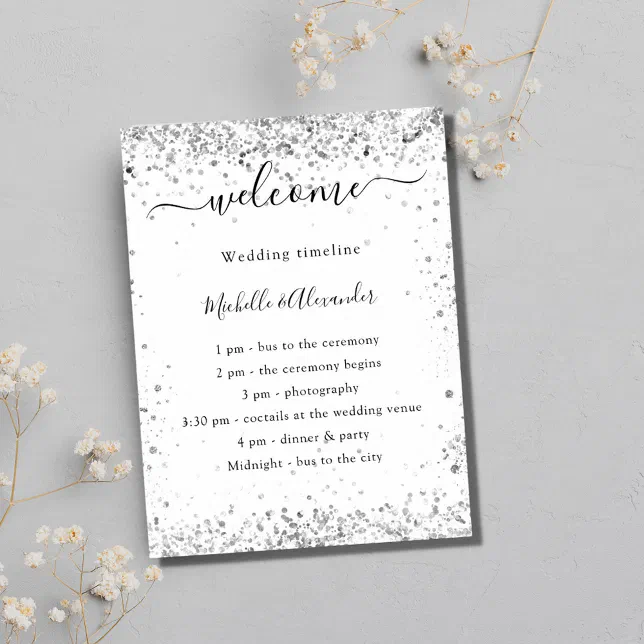 Silver white glitter elegant wedding program poster | Zazzle