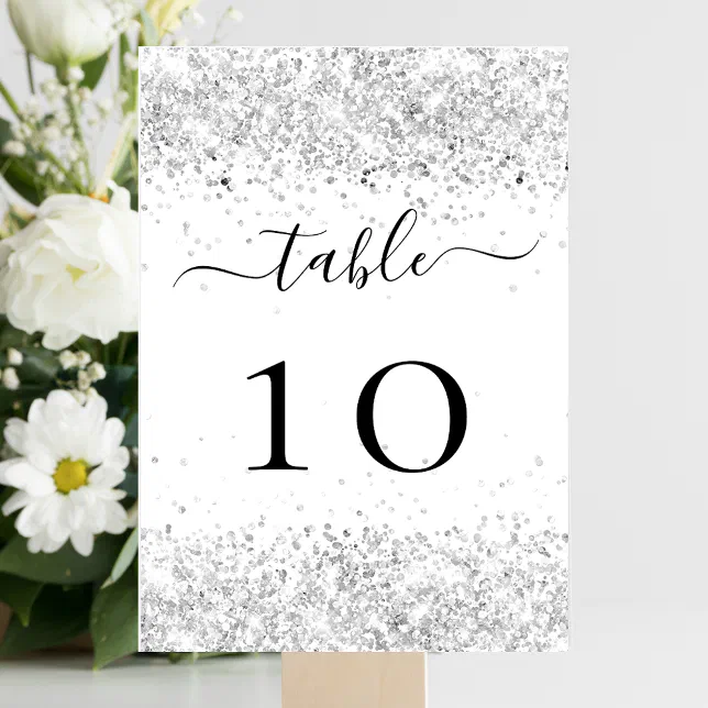 Silver white glitter sparkles glamorous table number | Zazzle