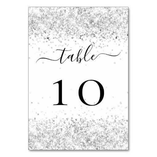 Silver white glitter sparkles glamorous table number | Zazzle
