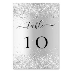 Silver white glitter sparkles glamorous table number | Zazzle