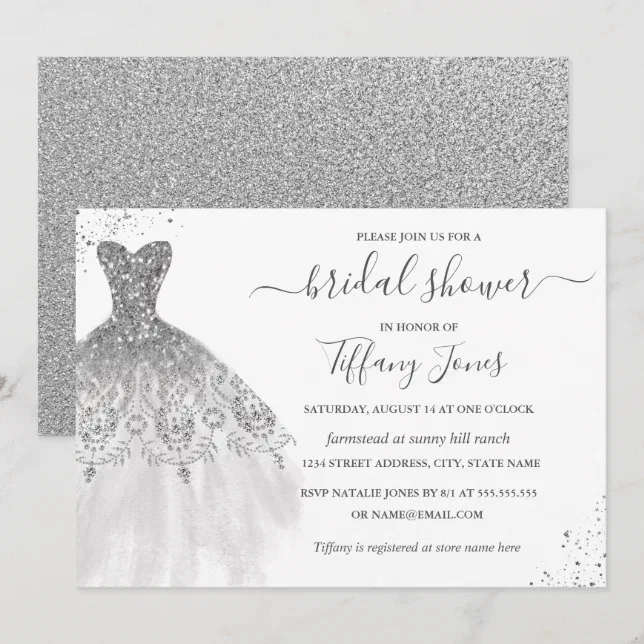 Silver White Glitter Wedding Dress Bridal Shower Invitation | Zazzle