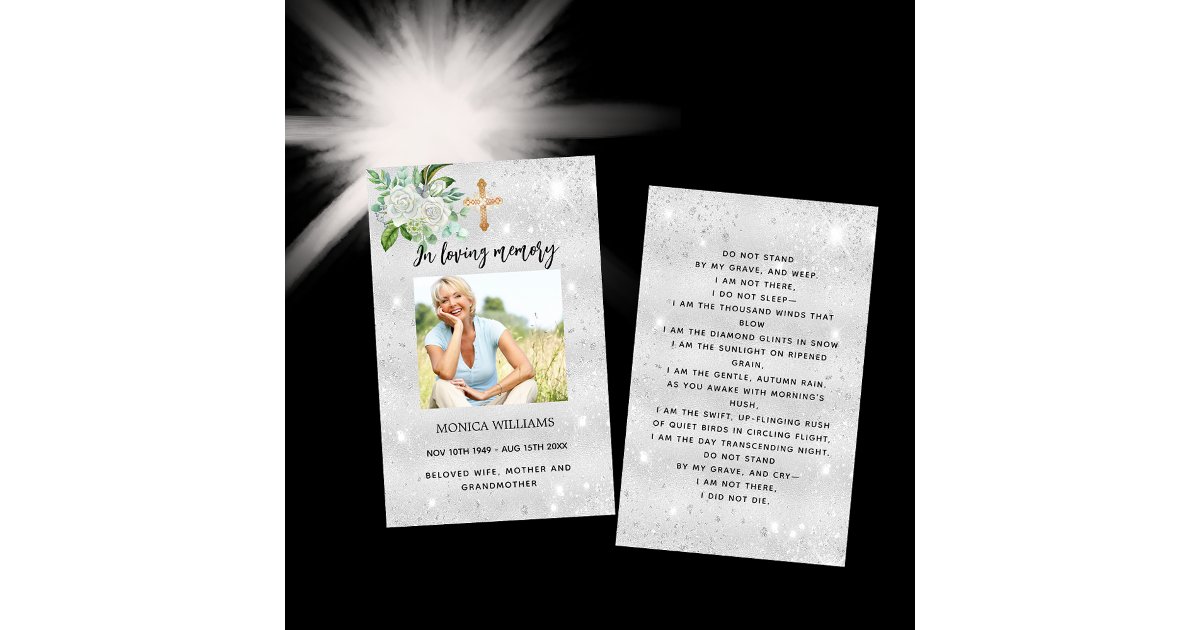 Silver white photo cross funeral prayer card | Zazzle
