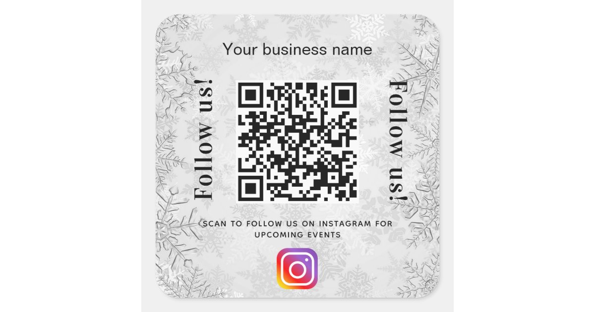 Silver winter business name qr code instagram square sticker | Zazzle