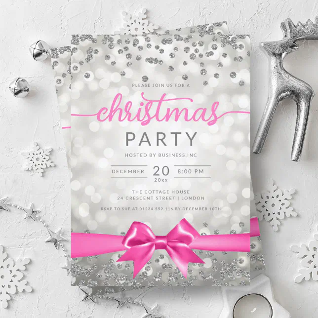 Silver Winter Glam Company Xmas Hot Pink Ribbon Invitation | Zazzle