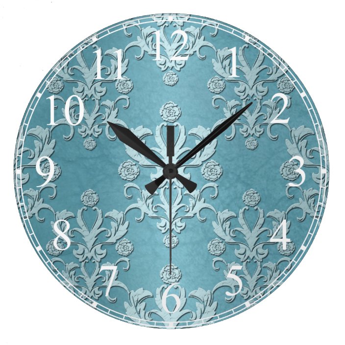 Silvery Teal Floral Damask Design Large Clock | Zazzle.com