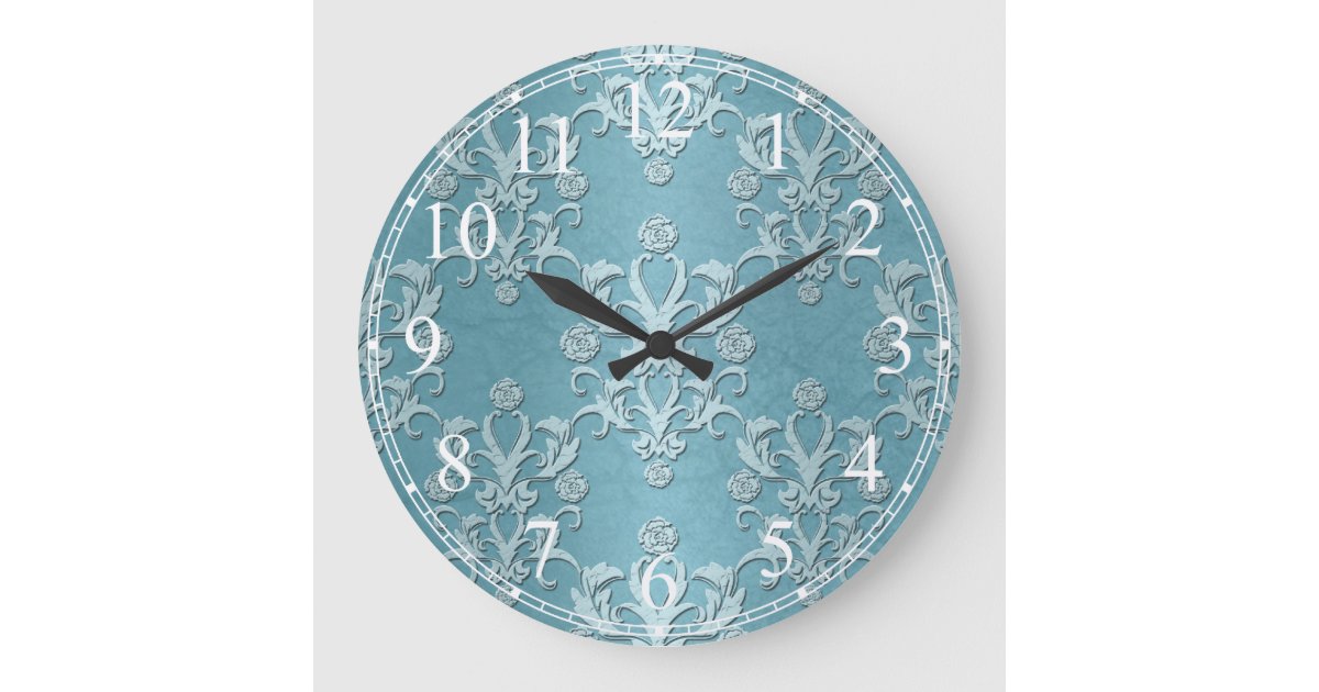 Silvery Teal Floral Damask Design Large Clock | Zazzle