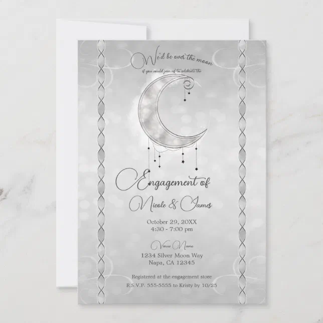 Silvery White Crescent Moon Stars Engagement Party Invitation | Zazzle