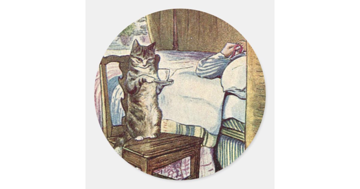 Simpkin the Cat Serves Tea - Beatrix Potter Classic Round Sticker | Zazzle