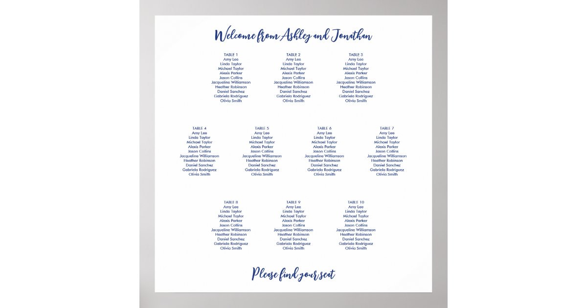 Simple 10 Table Dark Blue Seating Chart | Zazzle
