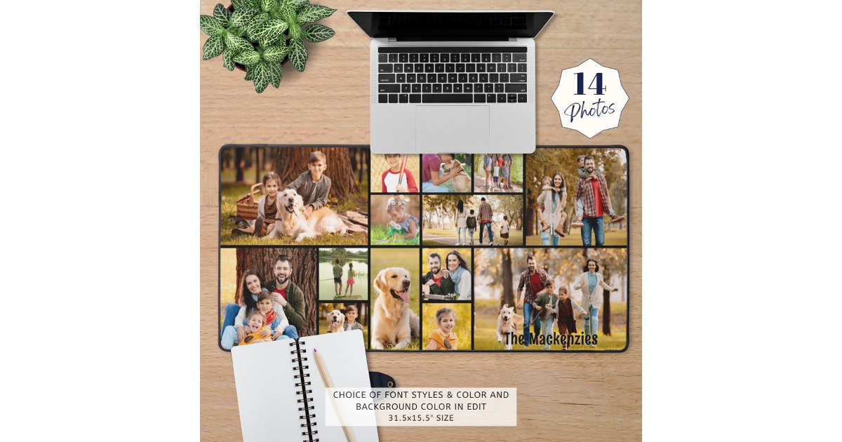 Simple 14 Photo Collage Custom Color Personalized Desk Mat | Zazzle