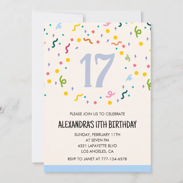 Simple 17th birthday invitations Confetti Modern | Zazzle