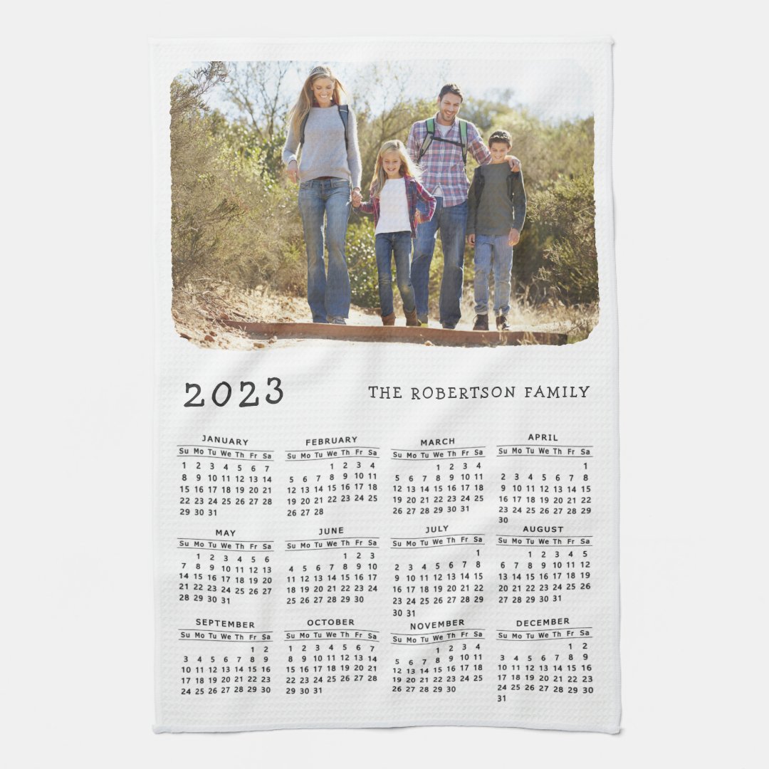 Simple 2023 Calendar Family Photo Name White Black Kitchen Towel | Zazzle