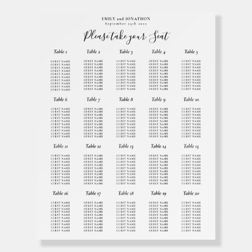 Simple 20 Table Seating Chart Black and White Foam Board | Zazzle
