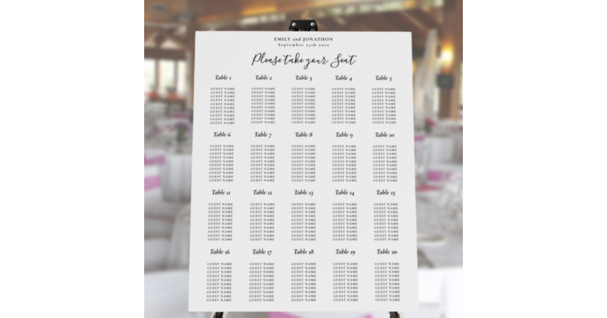Simple 20 Table Seating Chart Black and White Foam Board | Zazzle