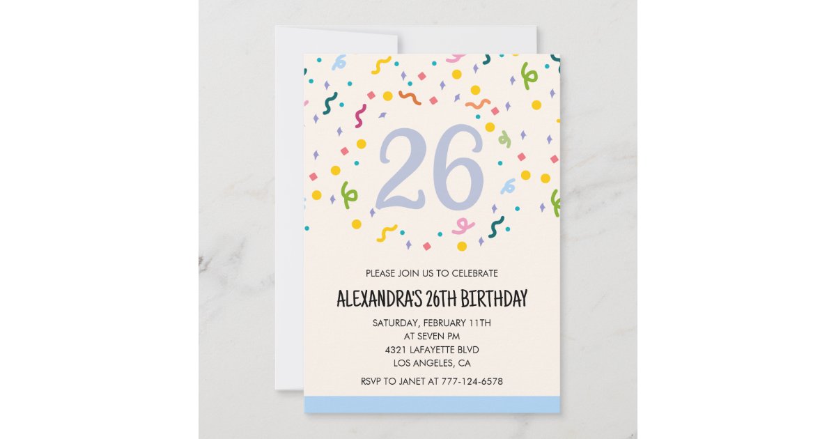 Simple 26th birthday invitations Confetti Modern | Zazzle