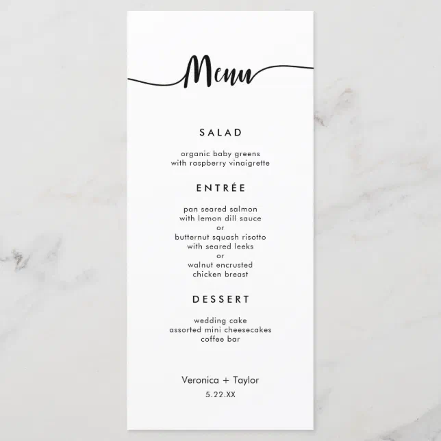 Simple 3 course wedding menu | Zazzle