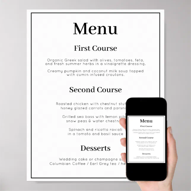 Simple 3 course Wedding Menu Poster | Zazzle