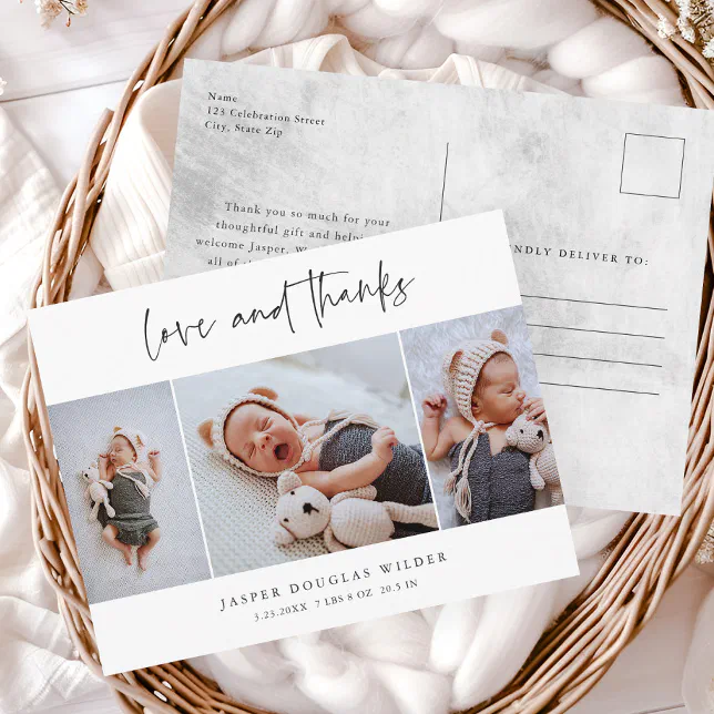 Simple 3 Photo Love and Thanks Baby Thank You Postcard | Zazzle