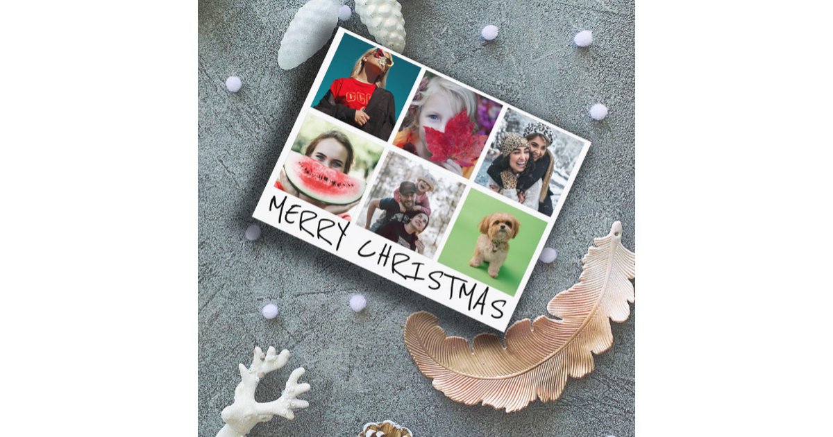 Simple 6 Insta Photo Collage Merry Christmas Postcard | Zazzle