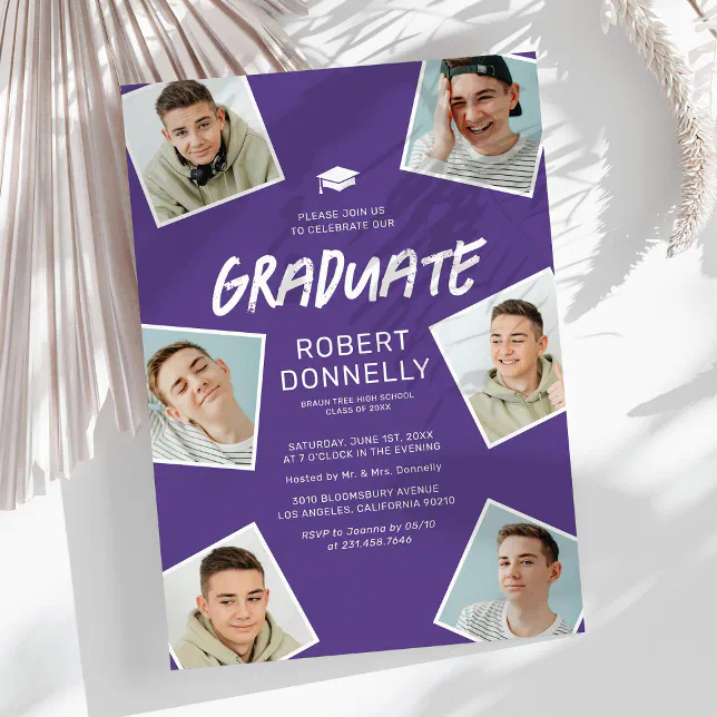 Simple 6 Photo Purple Graduation Party Invitations | Zazzle