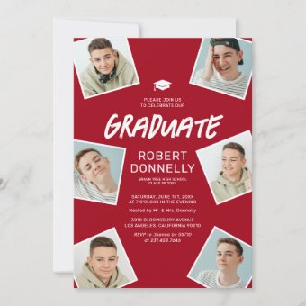 Simple 6 Photo Red Graduation Party Invitations | Zazzle