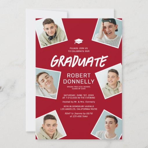 Simple 6 Photo Red Graduation Party Invitations | Zazzle