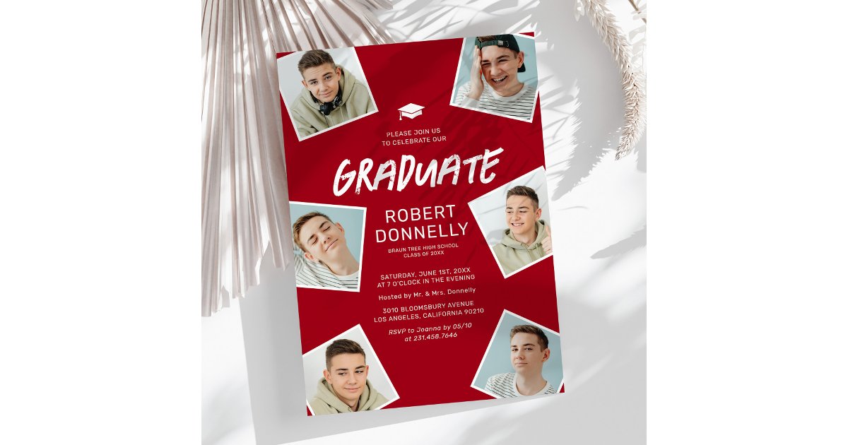 Simple 6 Photo Red Graduation Party Invitations | Zazzle
