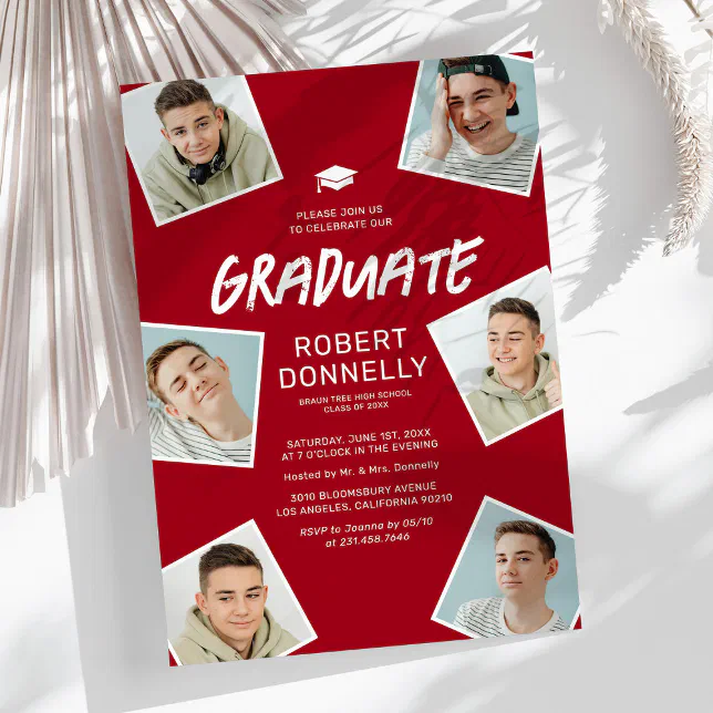 Simple 6 Photo Red Graduation Party Invitations | Zazzle