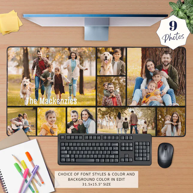 Simple 9 Photo Collage Custom Color Personalized Desk Mat | Zazzle