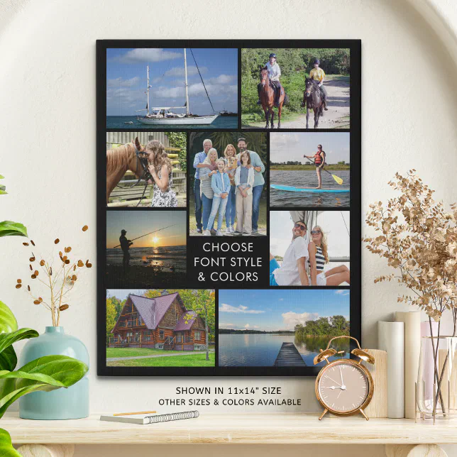 Simple 9 Photo Collage Custom Color Personalized Faux Canvas Print | Zazzle