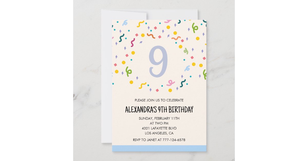 Simple 9th birthday invitations Confetti Modern | Zazzle