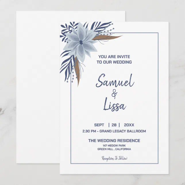 Simple and elegant blue floral wedding invitation | Zazzle