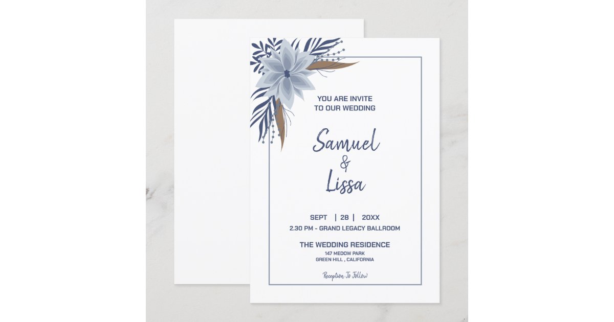 Simple and elegant blue floral wedding invitation | Zazzle