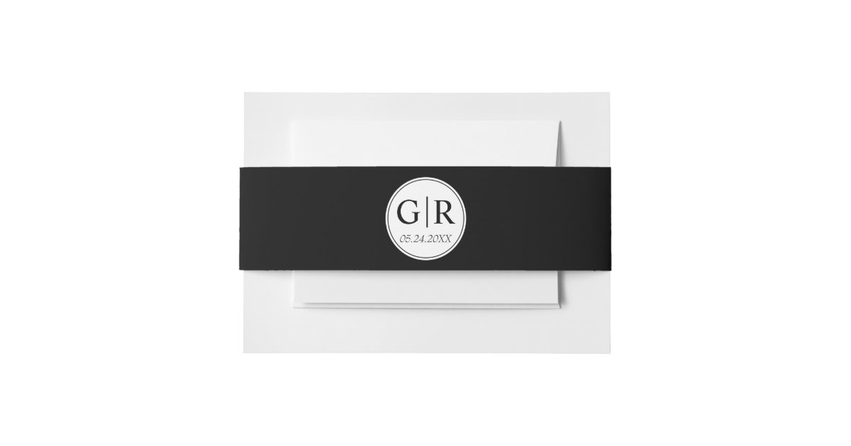Simple and elegant initials black wedding invitation belly band | Zazzle