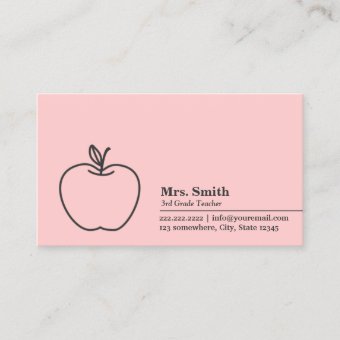 Simple Apple School Teacher Pink Business Card | Zazzle